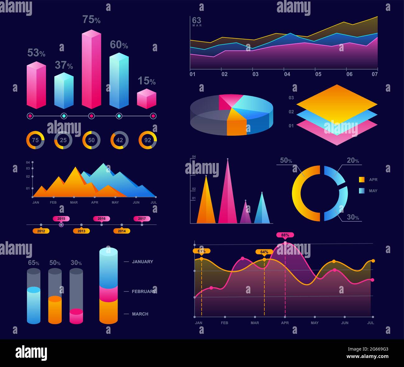 Diagramme, Diagramme und Grafiken Bunte Vektorgrafiken gesetzt. Dot ...