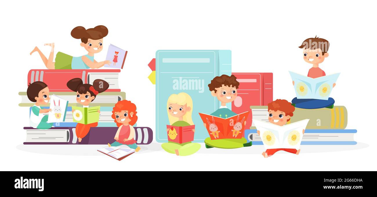 Kinder lesen Bücher flache Vektor-Illustration. Nette Kinder mit ...