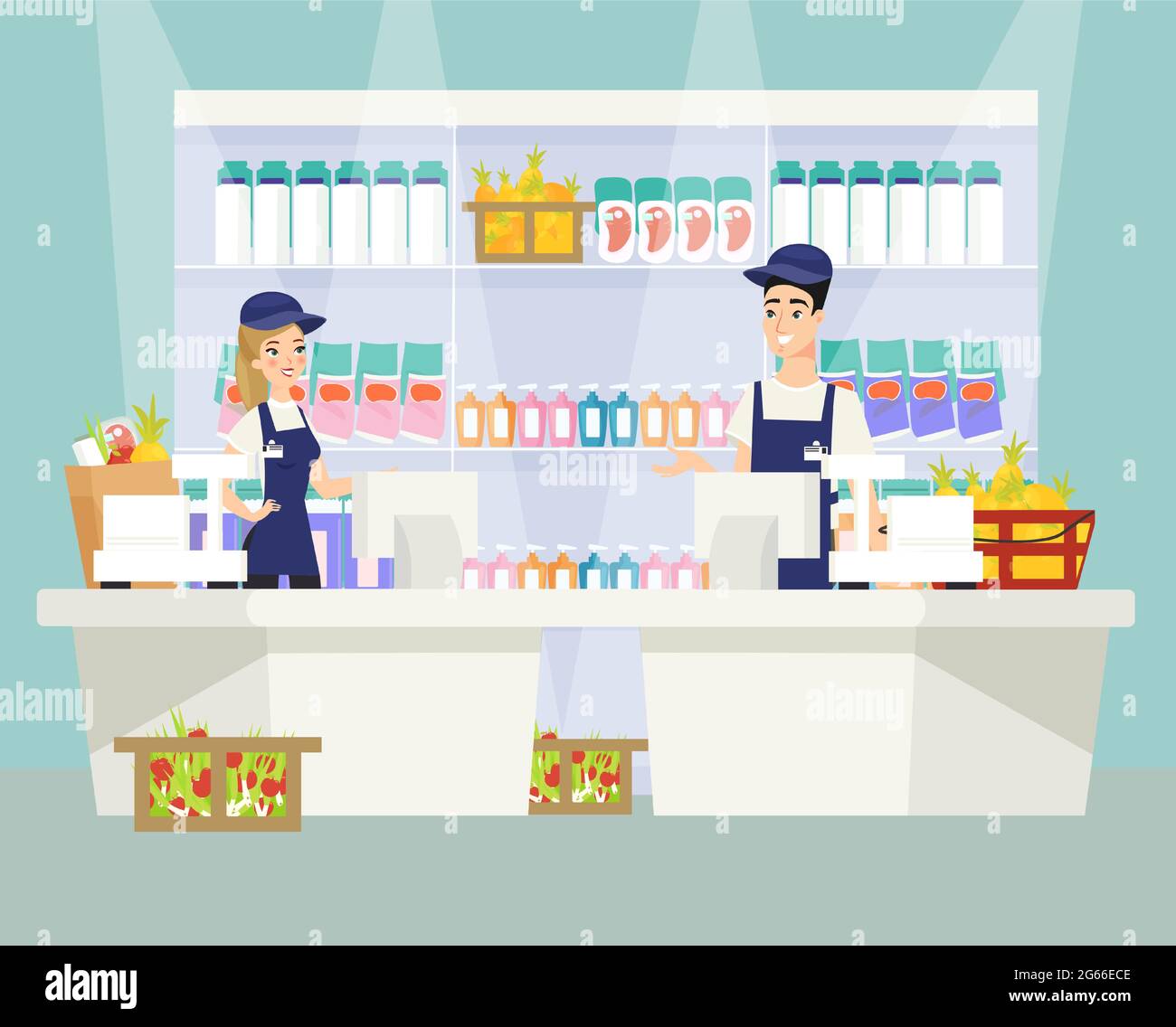 Supermarkt Kasse flach Vektor Illustration. Männliche und weibliche ...