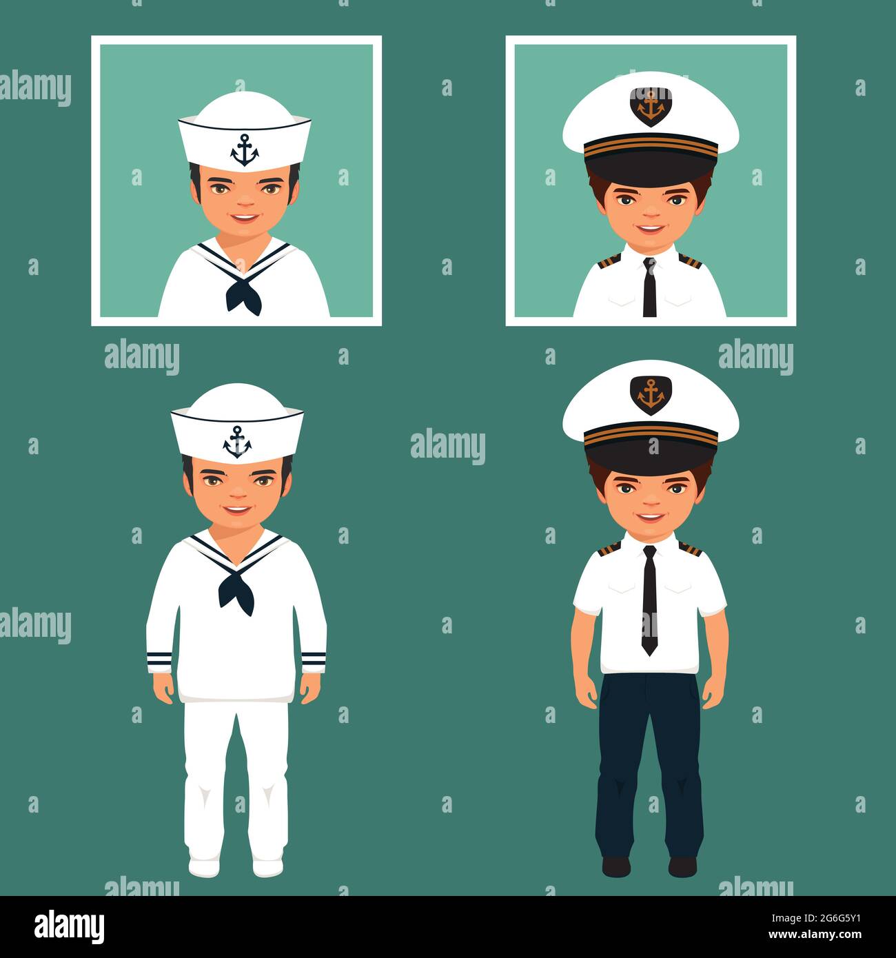 kapitän und Seemann Figuren, Vektor-Cartoon-Illustration Stock ...