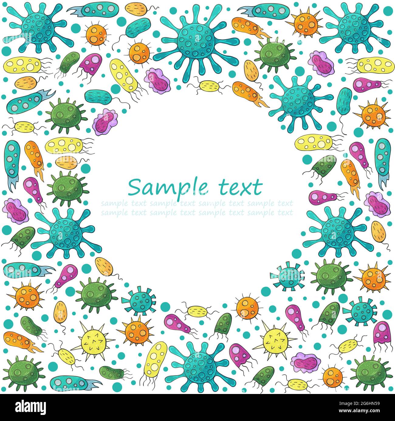 Runder Rahmen aus Vektorelementen. Set von Cartoon-Mikroben in Hand ...