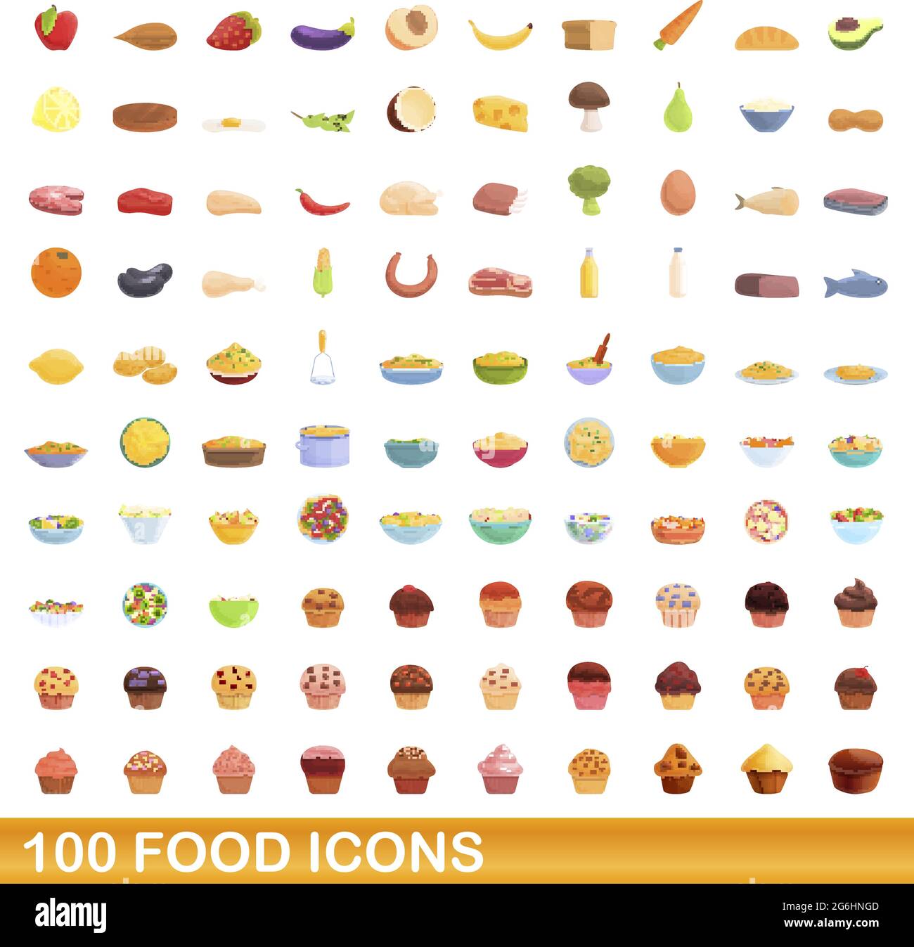 100 Essen Symbole gesetzt. Cartoon Illustration von 100 Essen Symbole ...