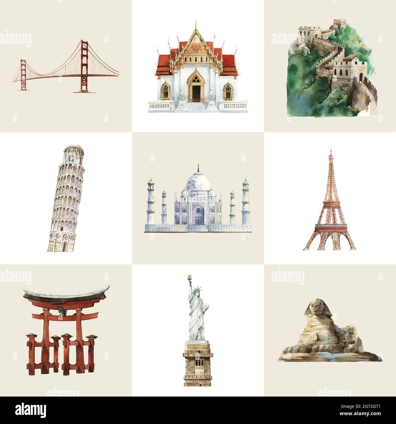 Sammlung von architektonischen Sehenswürdigkeiten mit Aquarell gemalt ...