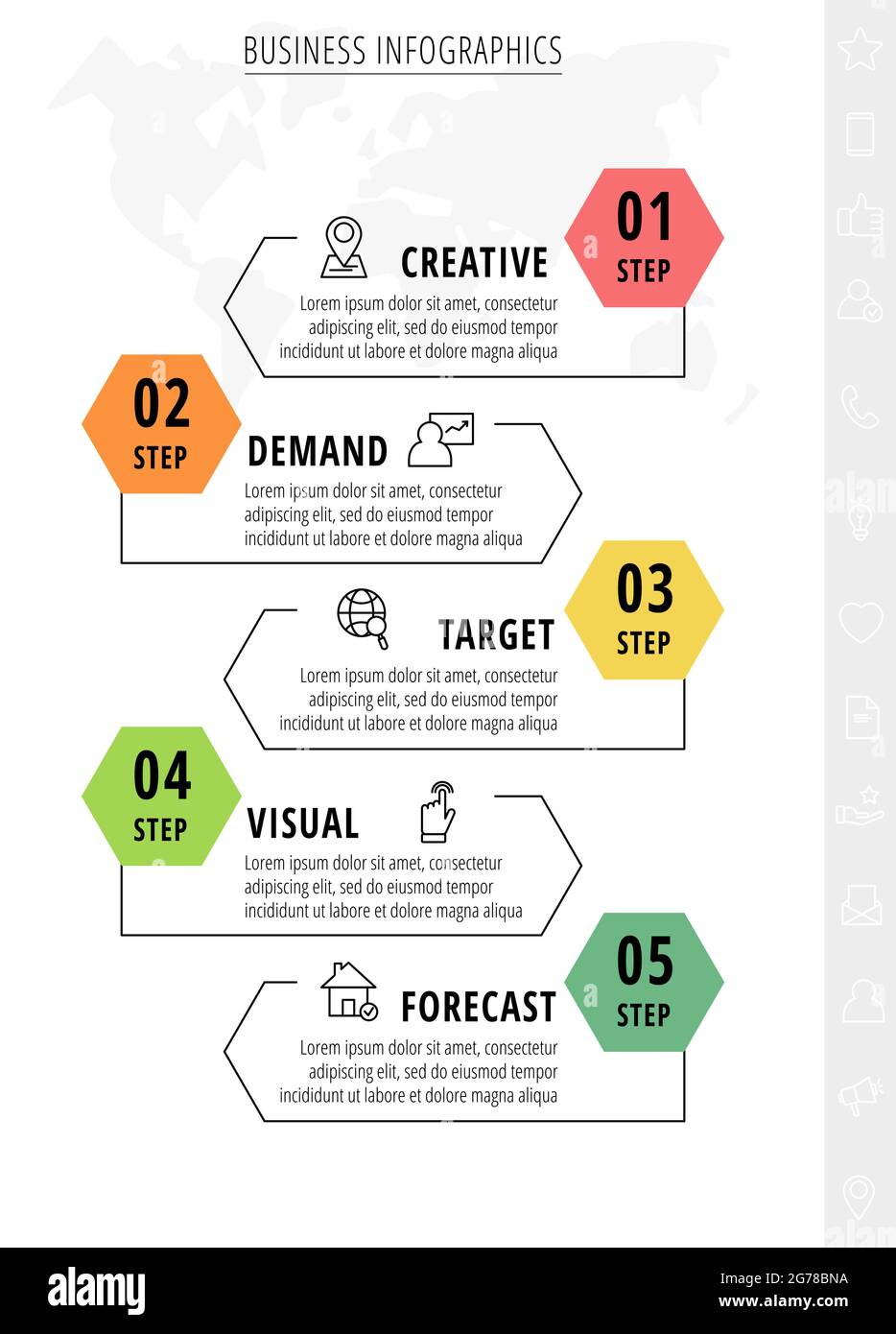 Vektor-Infografiken mit 5 Sechsecken. Linienpfeile zeigen die ...