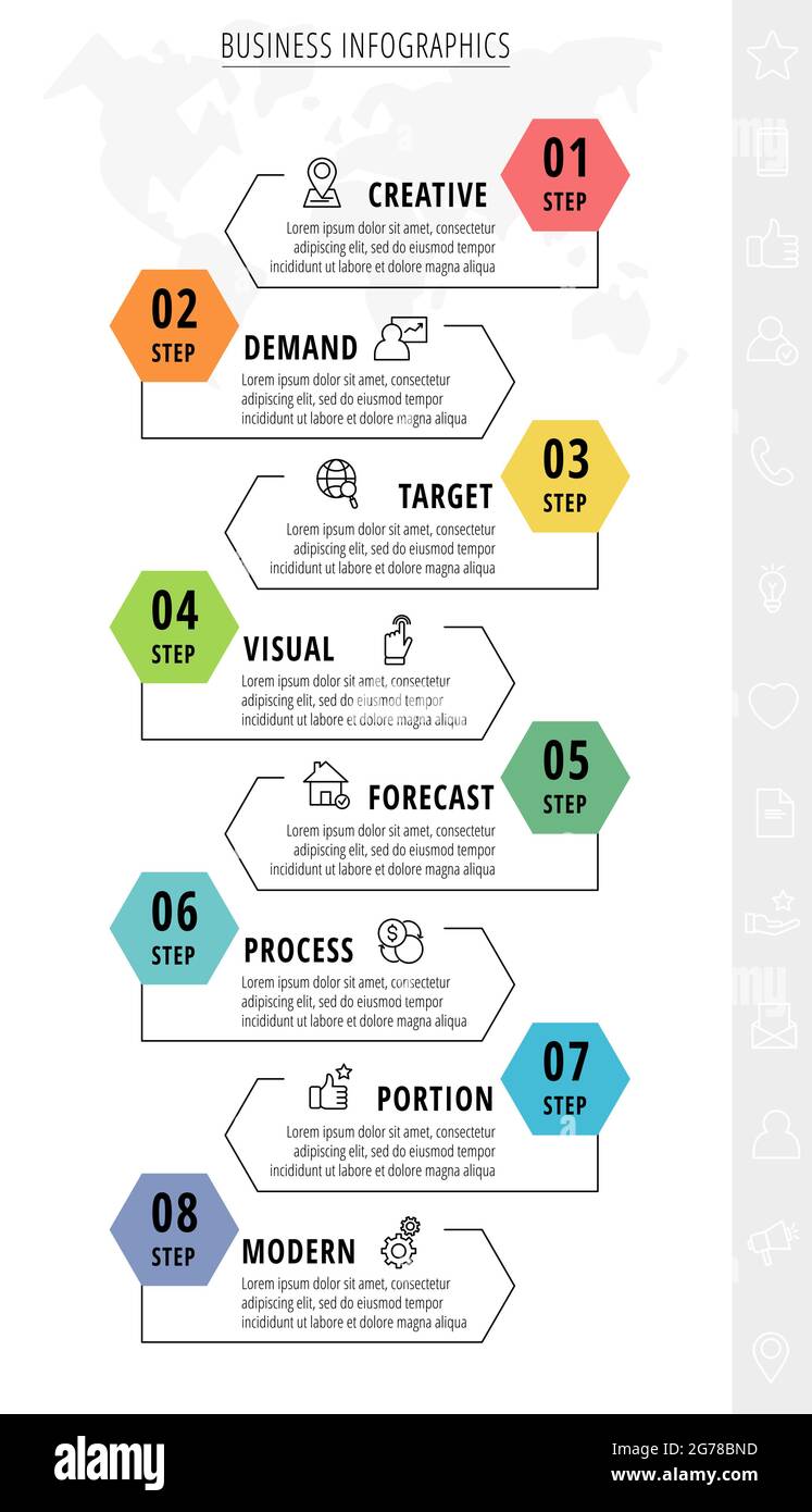 Vektor-Infografiken mit acht Sechsecken. Linienpfeile zeigen die ...