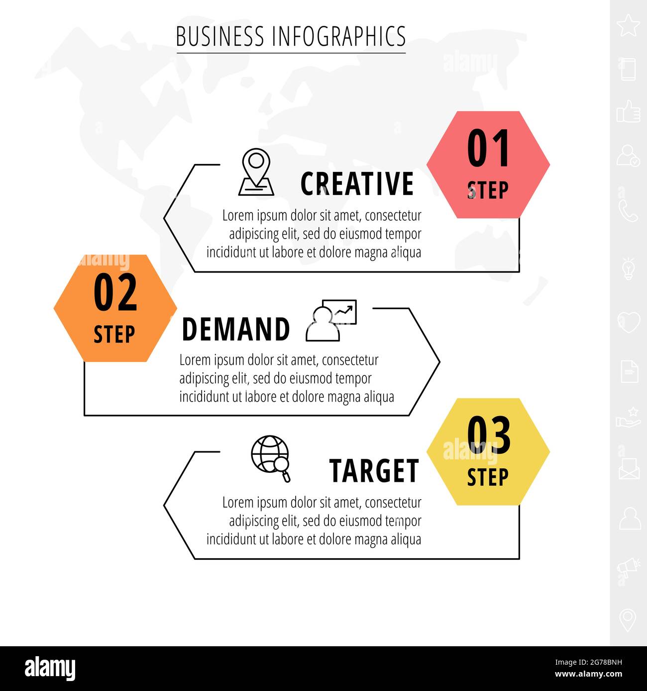 Vektor-Infografiken mit drei Sechsecken. Linienpfeile zeigen die ...