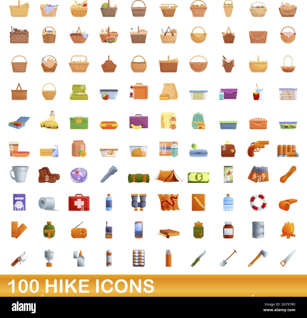100 Symbole für Wanderungen. Cartoon Illustration von 100 Wanderung ...