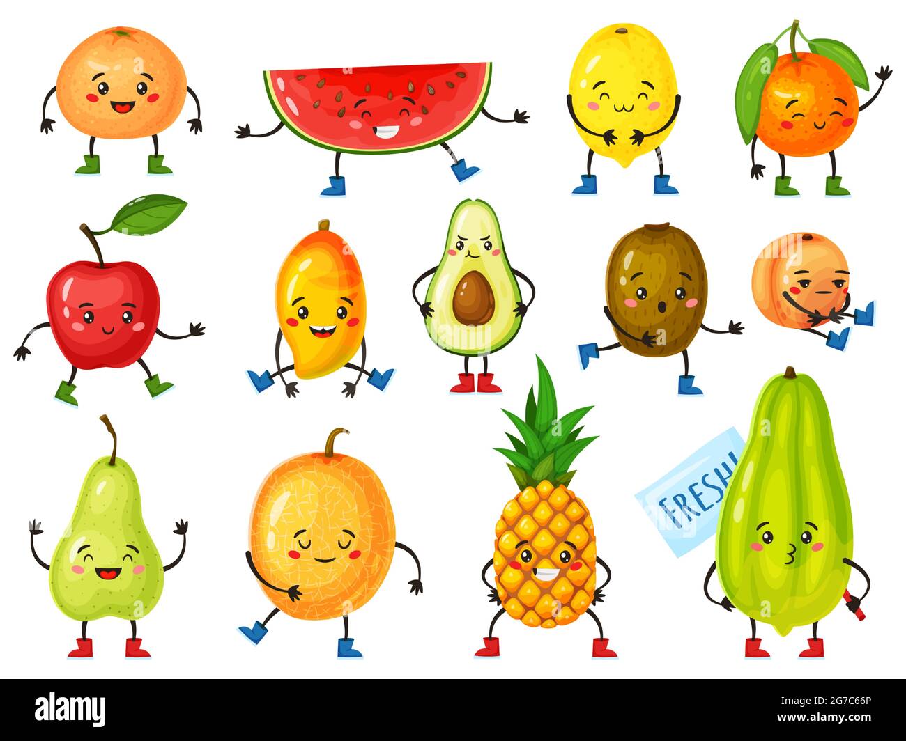 Cartoon-Fruchtfiguren. Lustige Orange, Ananas, Apfel, Avocado, Zitrone ...