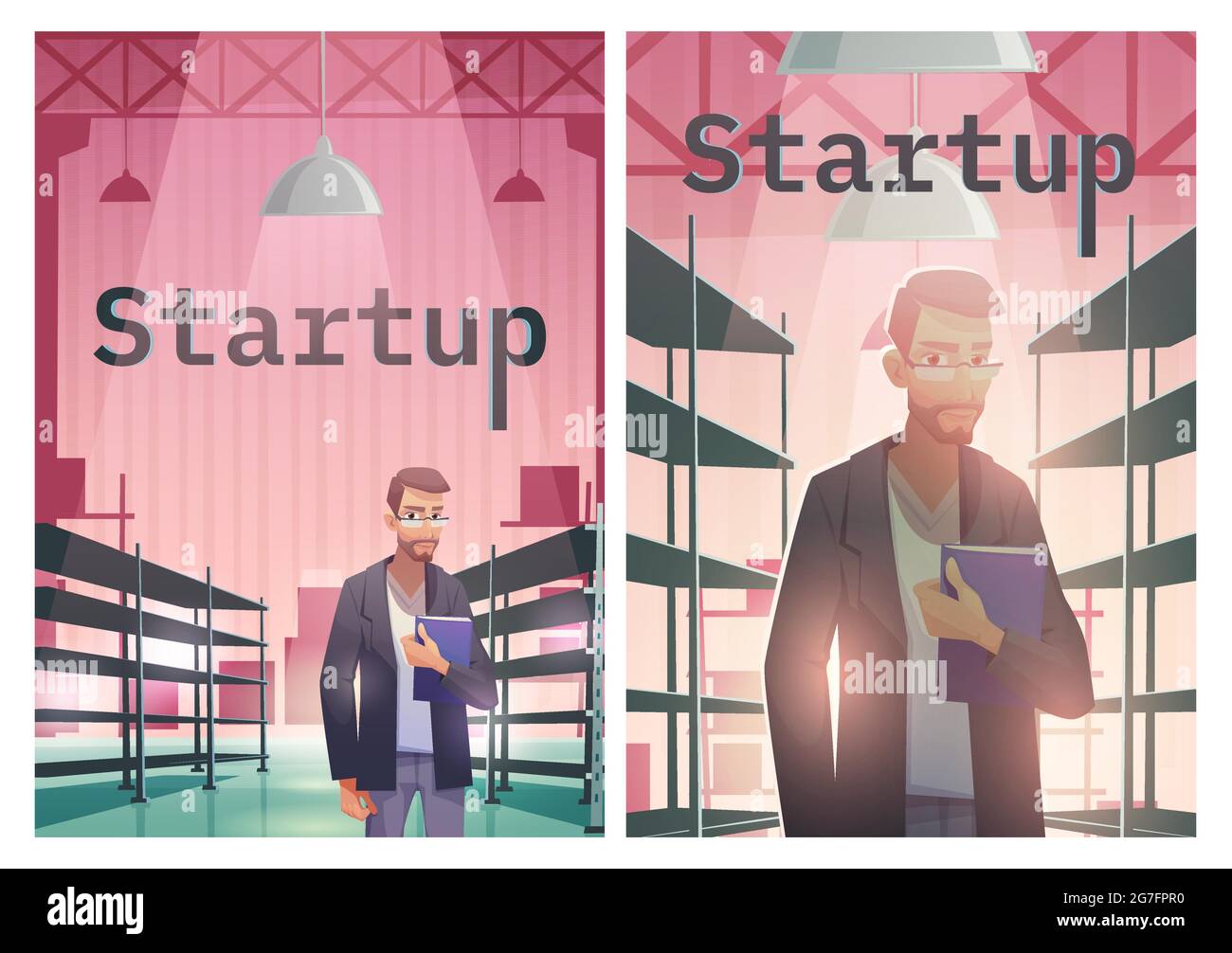 Startup Cartoon Poster, erfolgreicher Geschäftsmann mit Dokumentenmappe ...