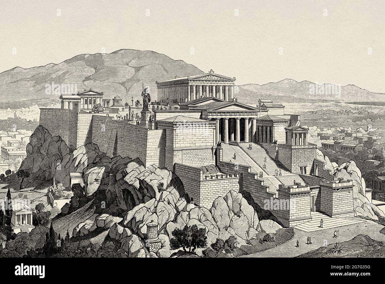 Künstlerische Nachbildung der Akropolis in Athen, Griechenland. 5 ...