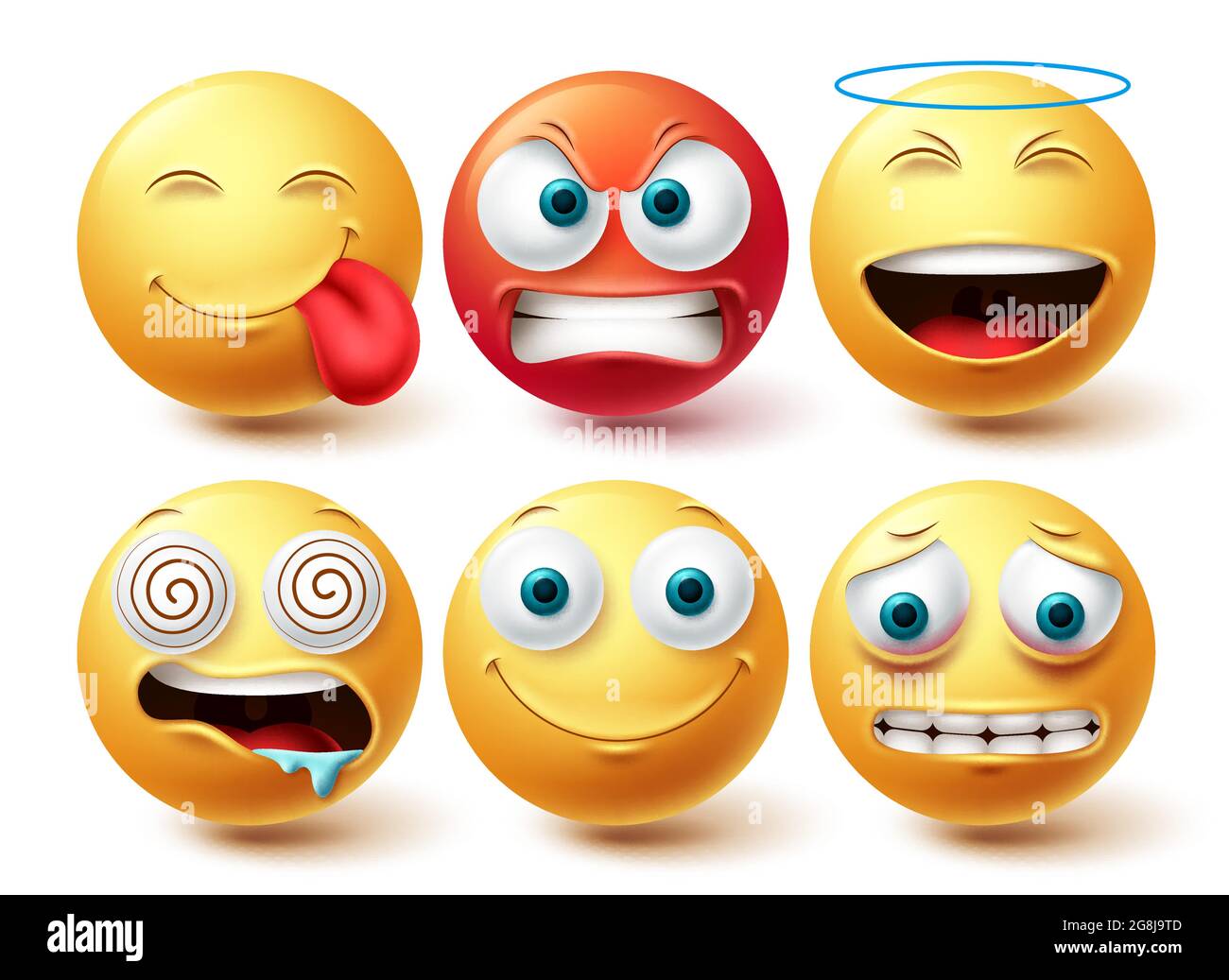 Smiley Emoji-Vektor-Set. Smileys und Emoticon glücklich, hungrig und ...