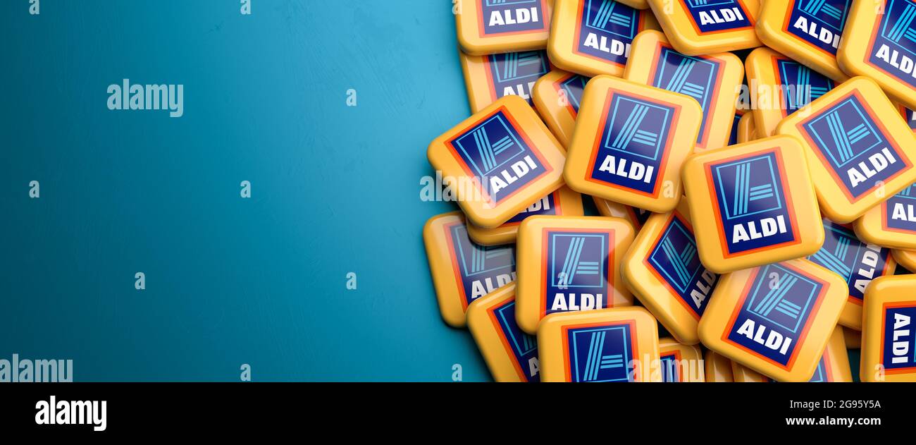 Logos der deutschen Discounter-Supermarktketten Aldi (internationales ...