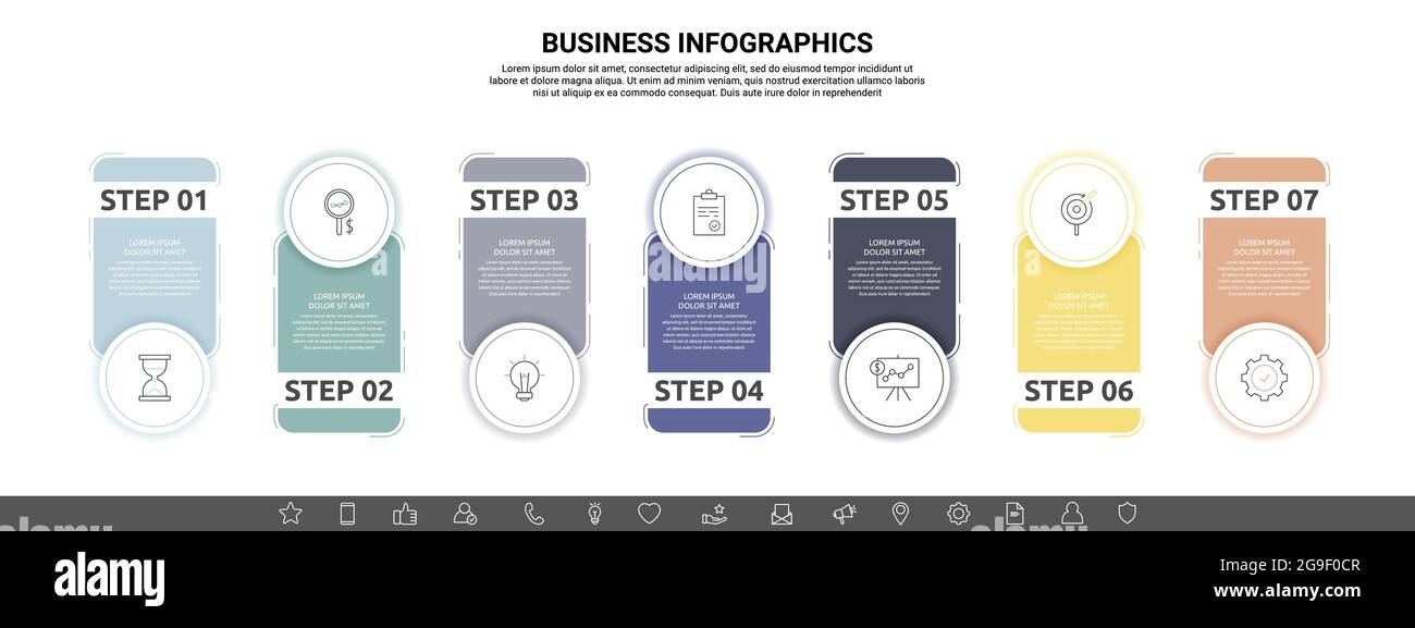 Business-Vektor-Infografiken mit sieben Kreisen und Beschriftungen ... Business-Vektor-Infografiken mit sieben Kreisen und Beschriftungen ...