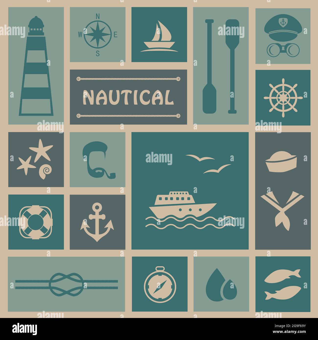 vector nautische Symbole, Kapitän und Segelboot, Seeset Stock ...