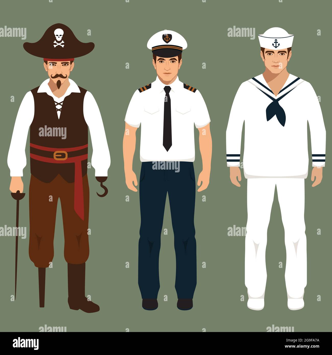 Pirat, Kapitän und Seemann Figuren, Vektor-Cartoon-Illustration Stock ...