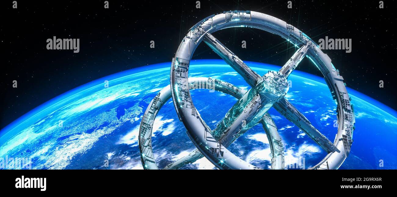 Eine Raumstation in der Umlaufbahn der Erde (3d-Rendering, diese ...