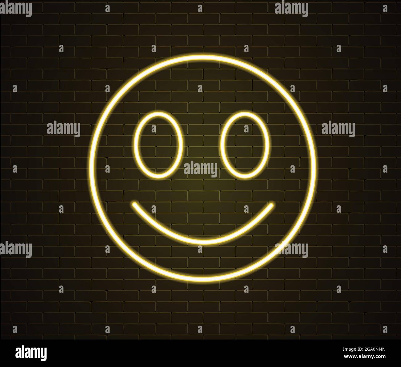 Neon-gelbe Gesicht Vektor-Illustration isoliert auf Ziegelwand. Happy ...
