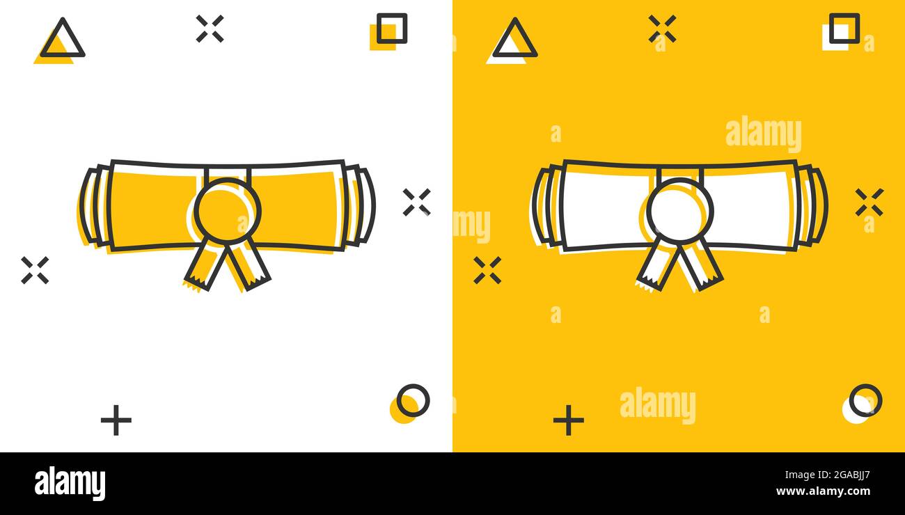 Cartoon Diplom gerollt Bildlaufsymbol im Comic-stil. Absolvent blättern ...