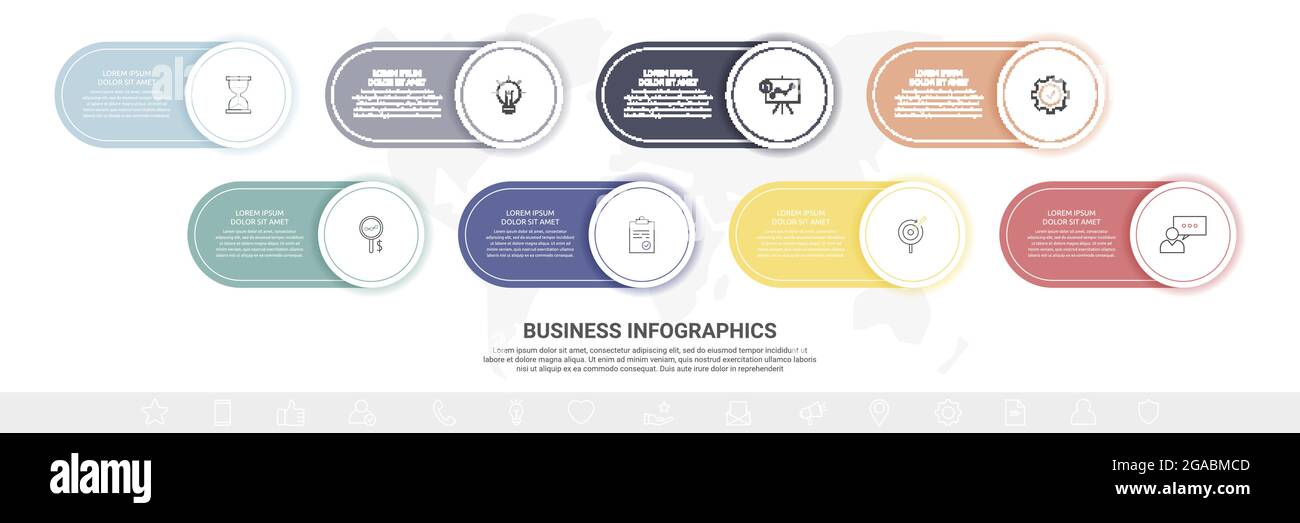 Business-Vektor-Infografiken mit 8 Kreisen und Beschriftungen. Timeline ... Business-Vektor-Infografiken mit 8 Kreisen und Beschriftungen. Timeline ...