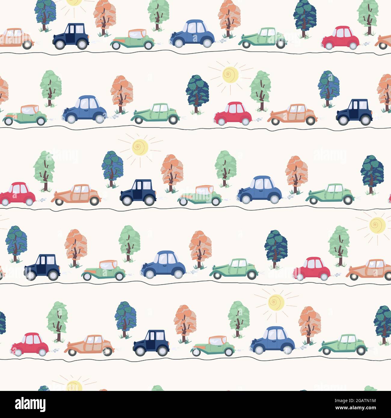Nahtloses Muster mit Autos, Bäumen und der Sonne im Cartoon-Stil ...