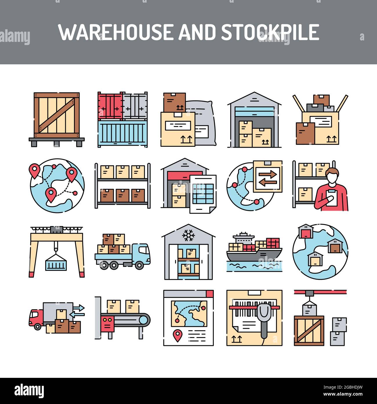 Symbole für Lager- und Lagerstapel-Farblinien gesetzt. Piktogramme für ...