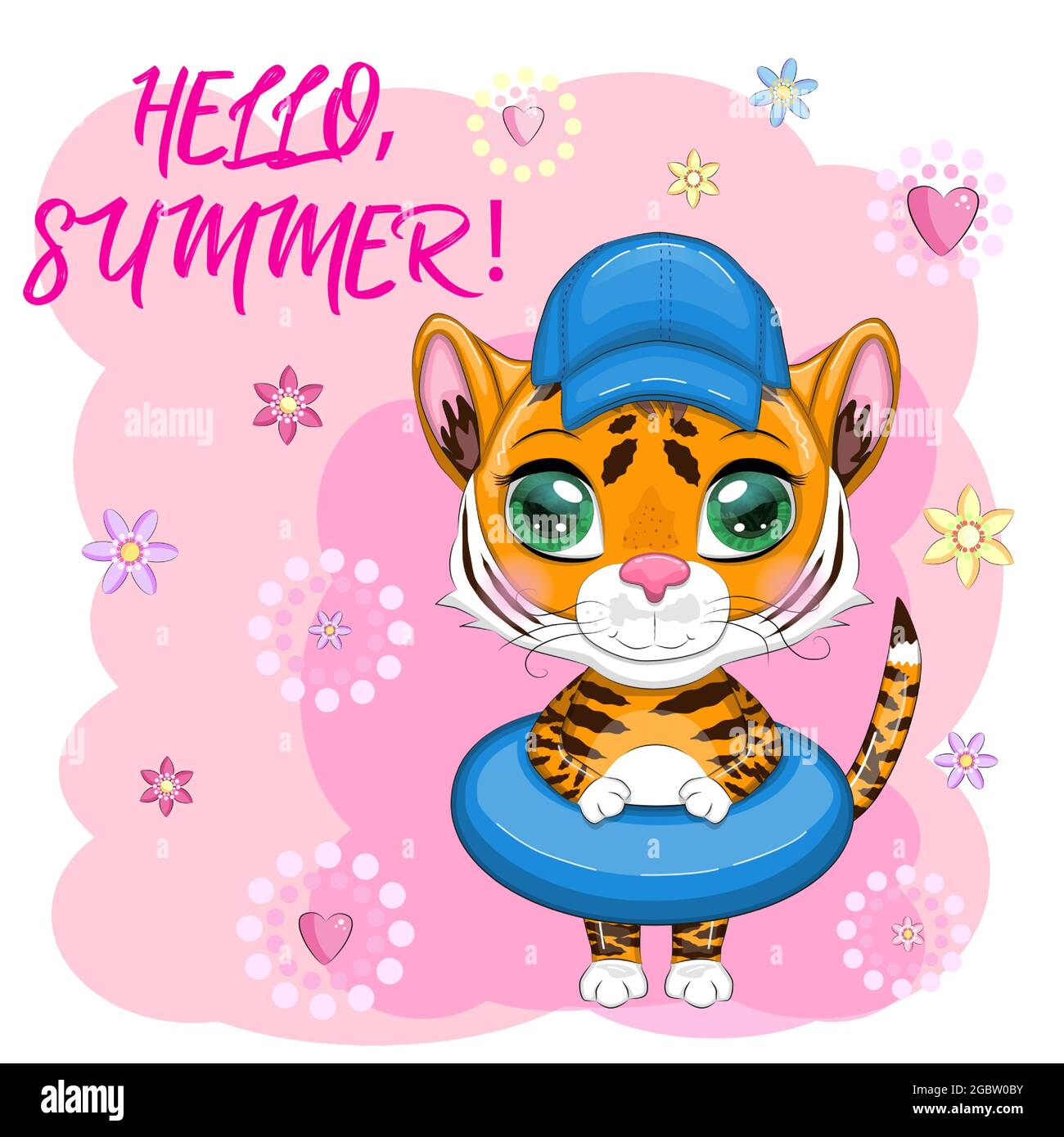 Cartoon Tiger mit Schwimmkreis im Sommerhut, Sommer kommt. Urlaub, Meer ...