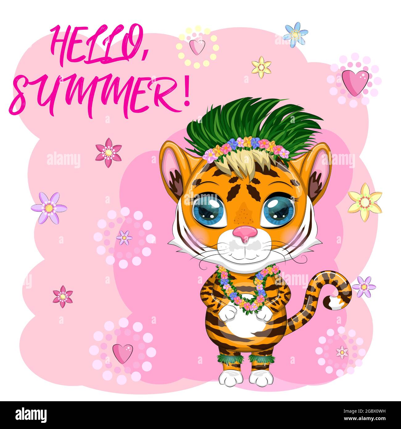 Cartoon Tiger Hula Tänzerin. Hawaii, Urlaub, Meer, Urlaub. Der Sommer ...