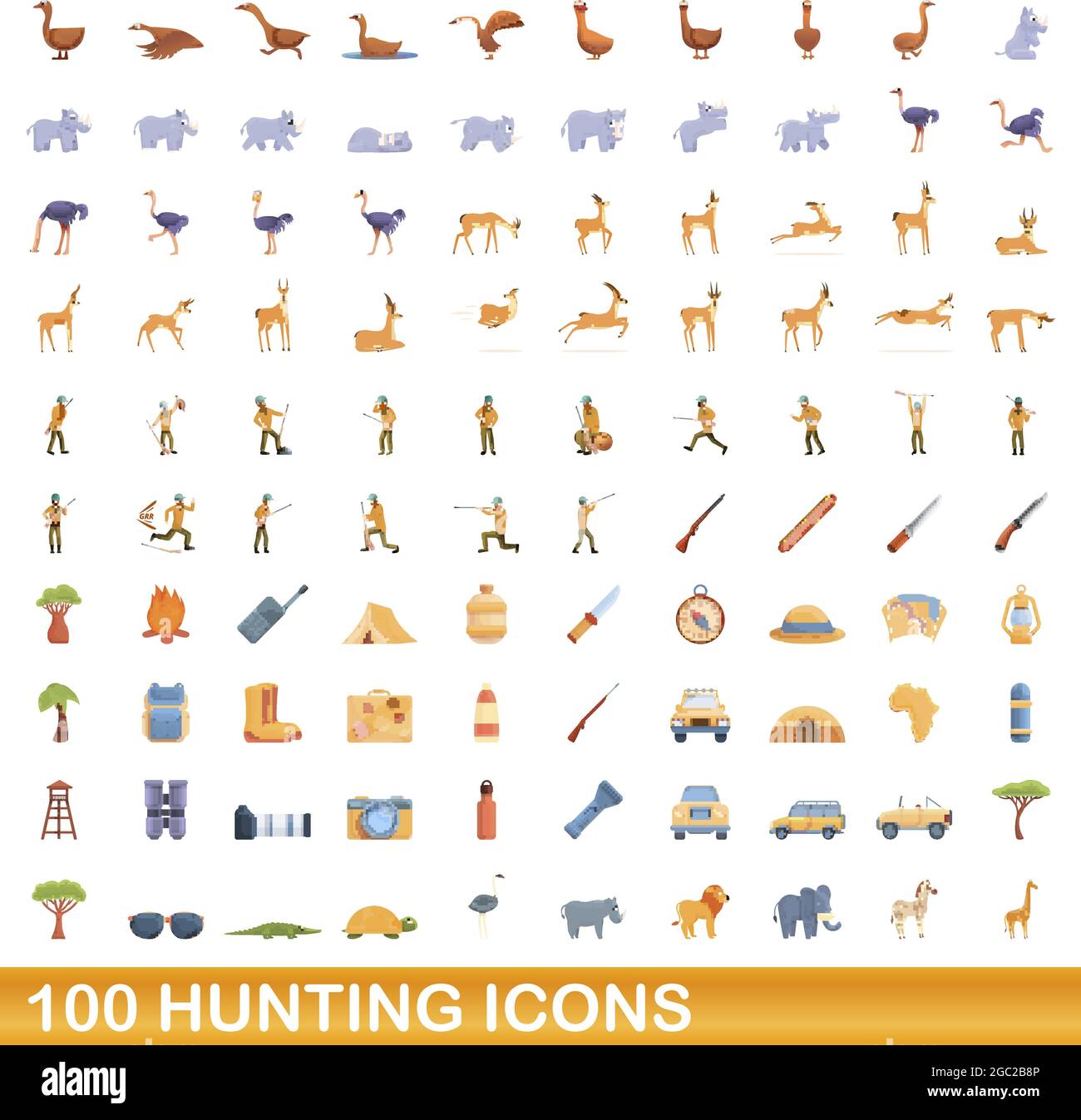 100 Symbole für die Jagd. Cartoon Illustration von 100 Jagd-Icons ...