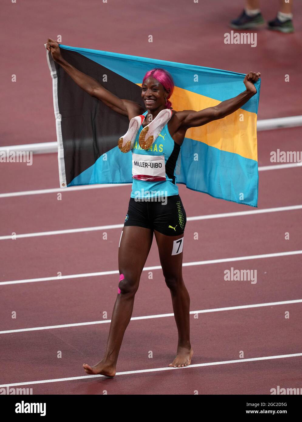 Shaunae Miller-Uibo aus den Bahamas feiert, nachdem er am 14. Tag der ...