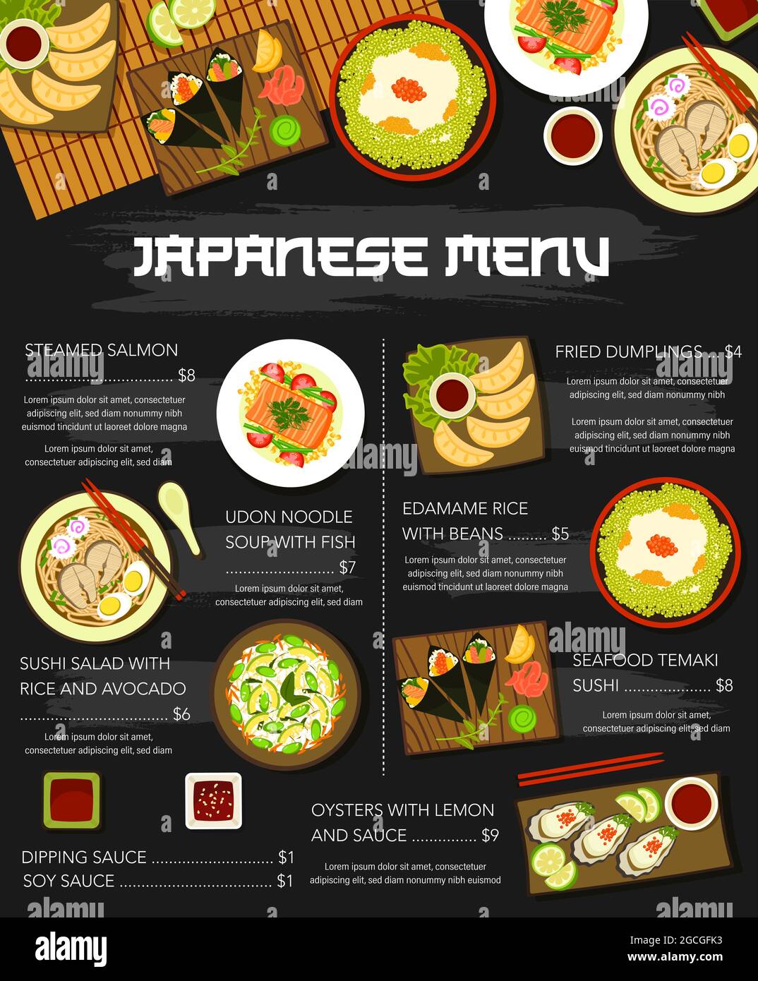 Poster mit japanischen Gerichten japanische Gerichte zum Mittag und Abendessen Vektor. Asiatische Kuche japanisches Sushi traditionelle Knodel udon und Stock Vektorgrafik Alamy