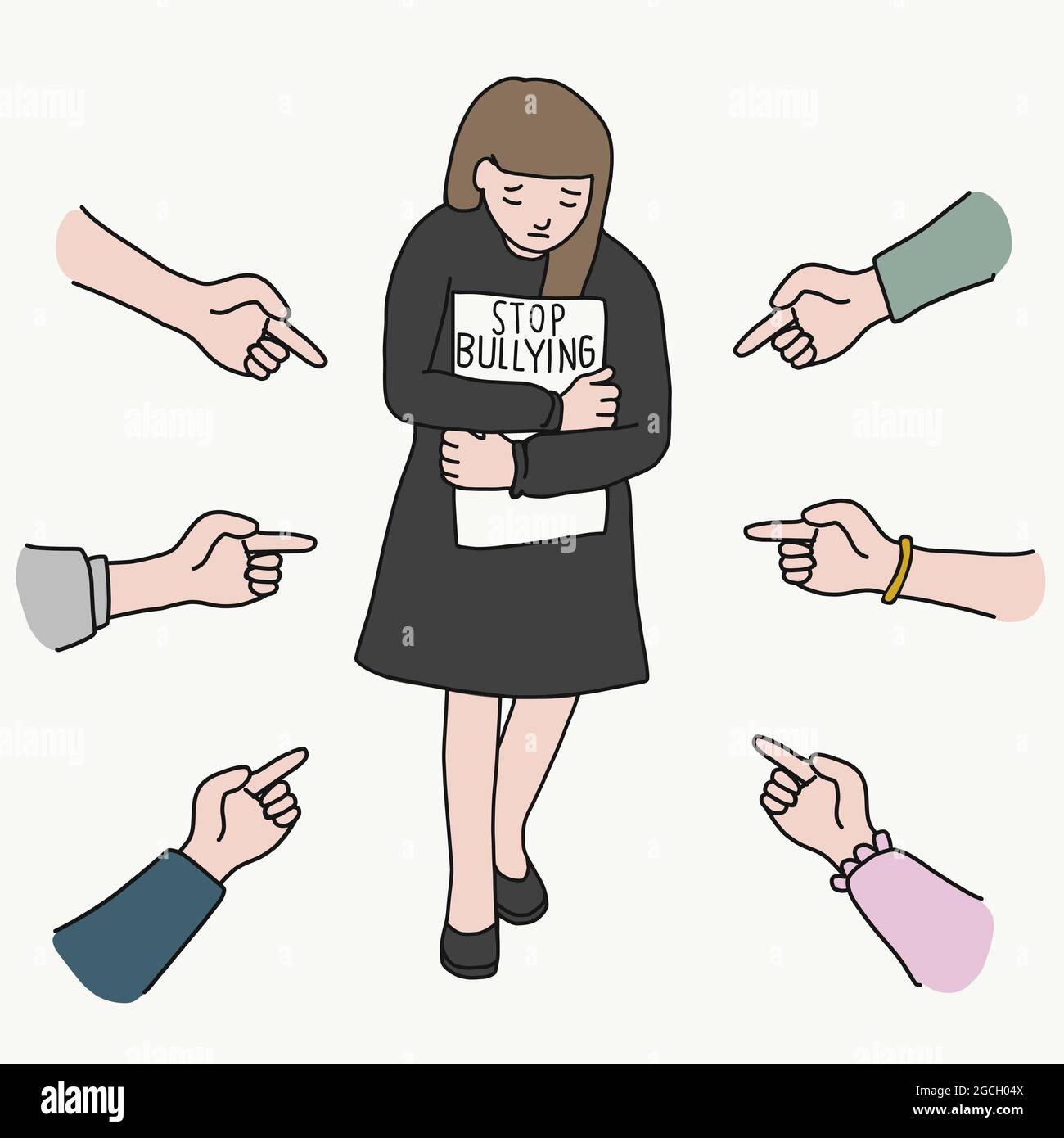 Mobbing, Hand zeigen Finger zu traurigen Mädchen Vektor-Illustration ...