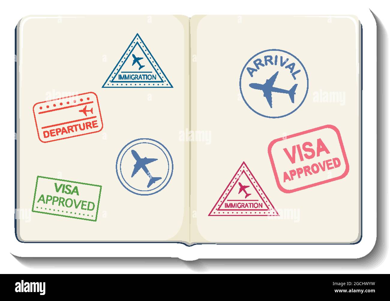 Geöffneter Reisepass mit Visa-Stempel Cartoon-Aufkleber Illustration ...