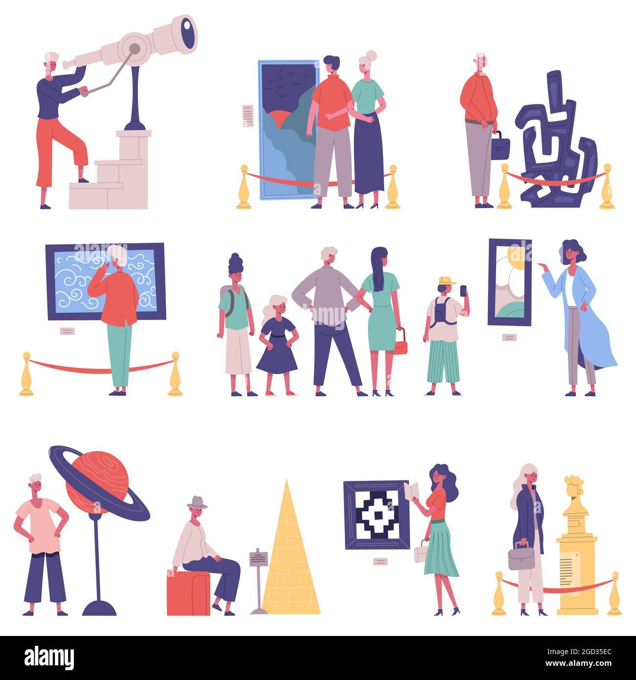 Kunstgalerie, Museumsausstellung Besucher und Führer Charaktere. Museum ...