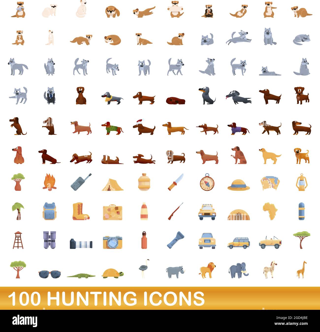 100 Symbole für die Jagd. Cartoon Illustration von 100 Jagd-Icons ...