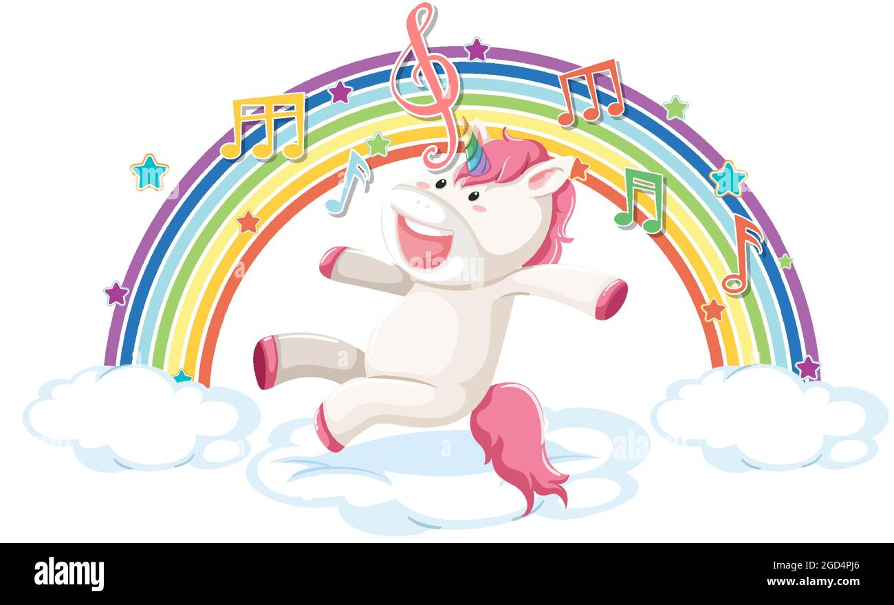 Einhorn springt auf Wolke mit Regenbogen und Melodie Symbol ...