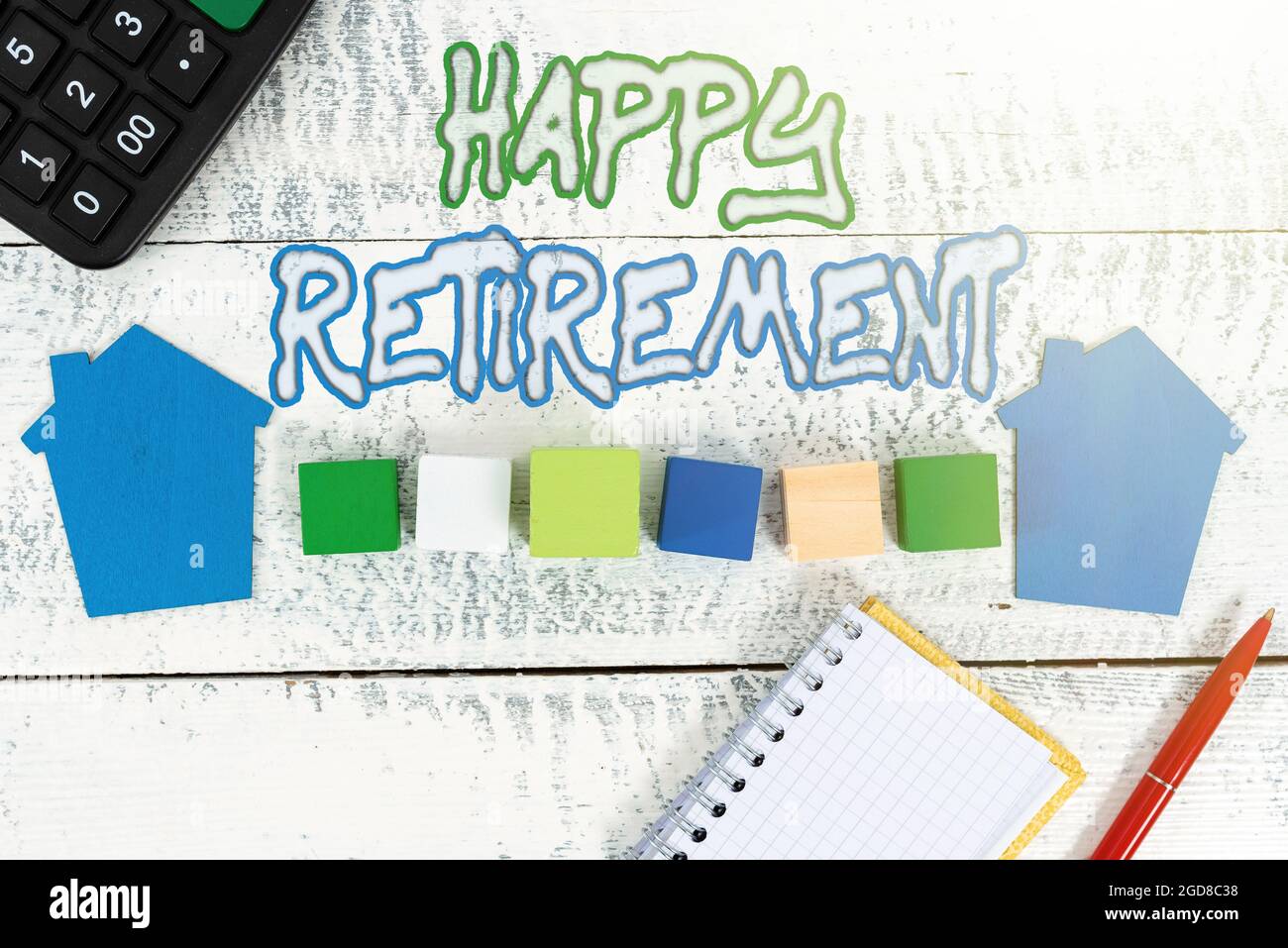 Inspiration zeigt Zeichen Happy Retirement. Business-Schaufenster mit ...