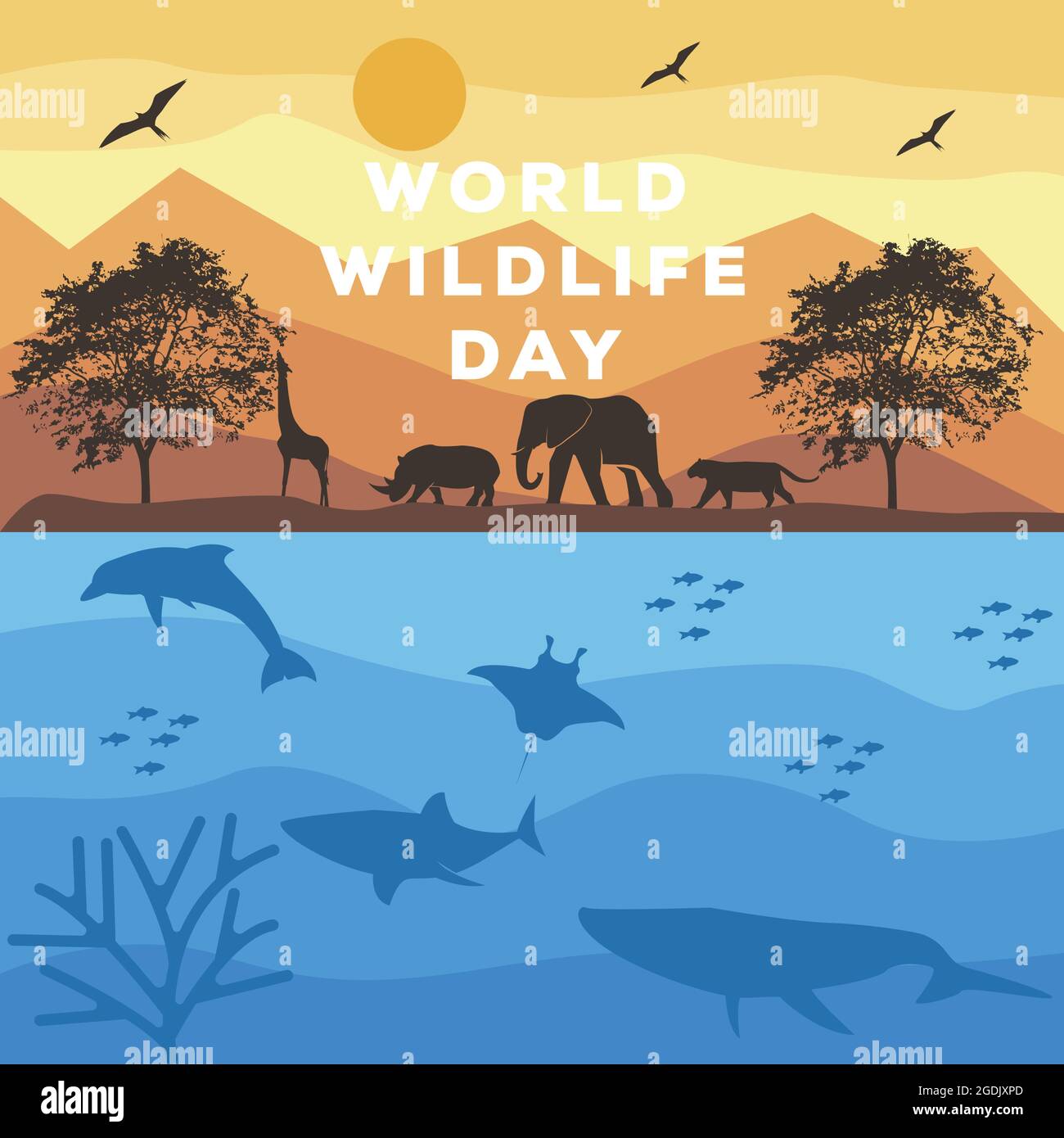 Welt Wildlife Tag Poster mit Tier Silhouette Illustration. Tier ...