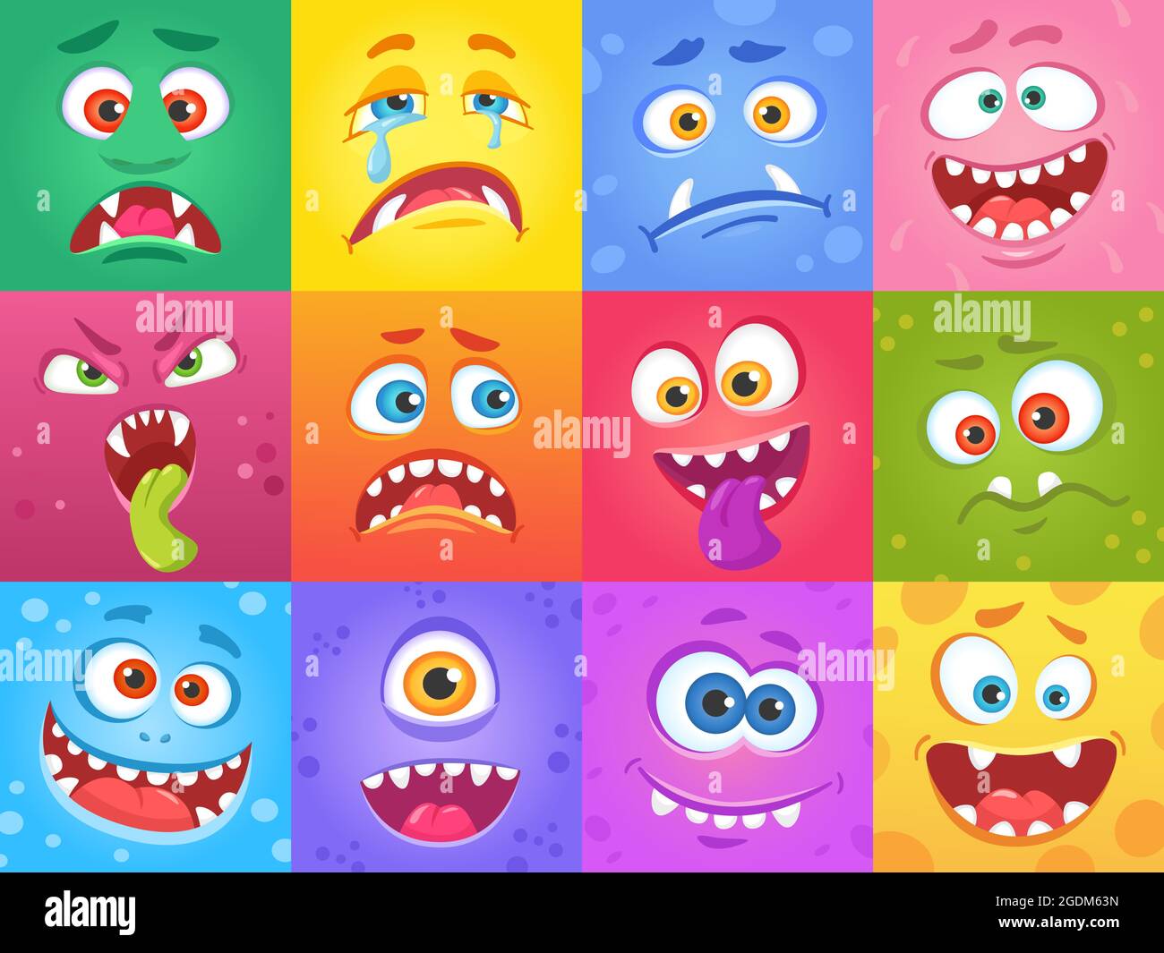 Cartoon lustige Monster Gesichter in Quadraten, niedliche Monster ...