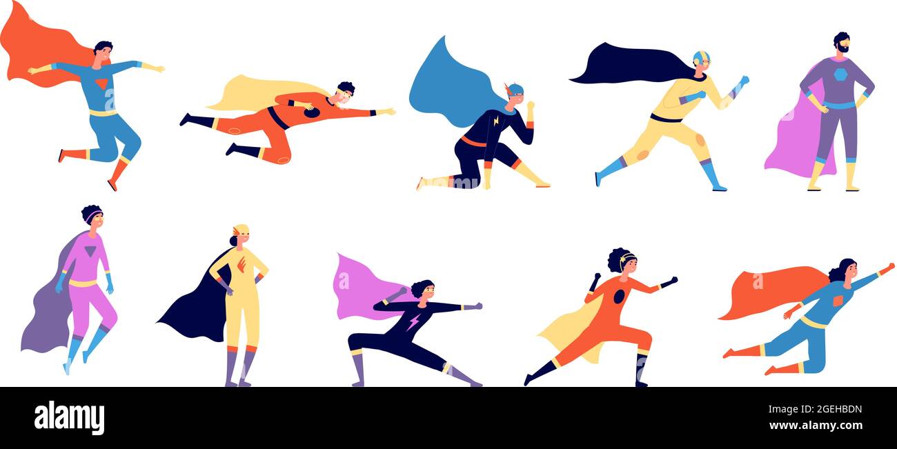 Superhelden. Aktiver Held, fliegender Mann Frau in Aktion. Cartoon ...