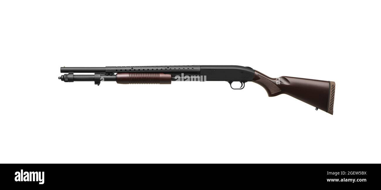 Pump-Action 12 Gauge Schrotflinte isoliert auf weißem Hintergrund. Eine glatte Waffe mit einem ...
