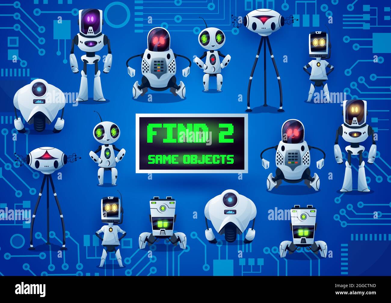 Finden Sie zwei gleiche Roboter-Spiel, Cartoon-Droiden auf der Hauptplatine. Kinder Vektor ...
