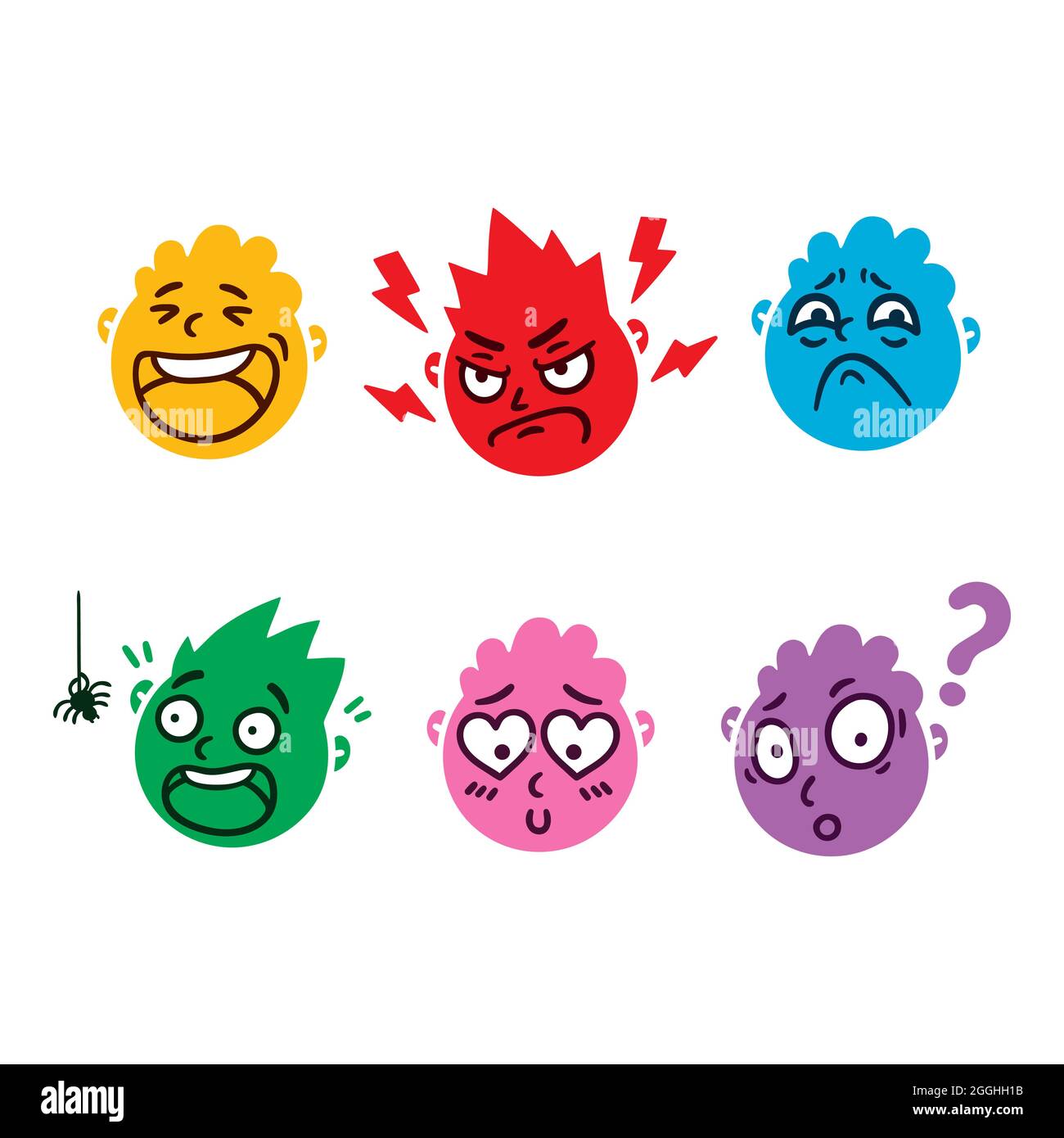 Rundes, abstraktes Gesicht mit verschiedenen Emotionen. Glücklich ...