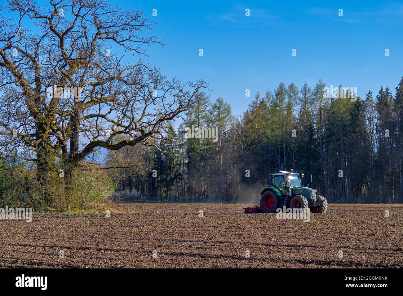Landwirt mit Traktor, der Feldarbeit auf einem Feld leistet, Oberbayern ...