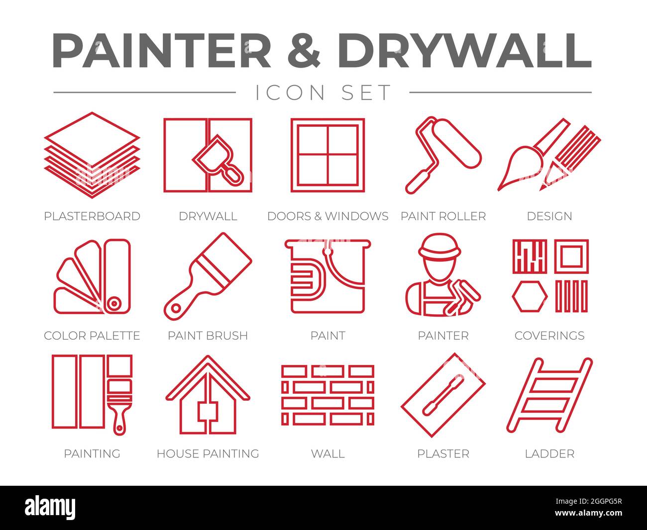 Symbolsatz für Maler und Trockenmauern mit Gipskarton, Paint Roller ...