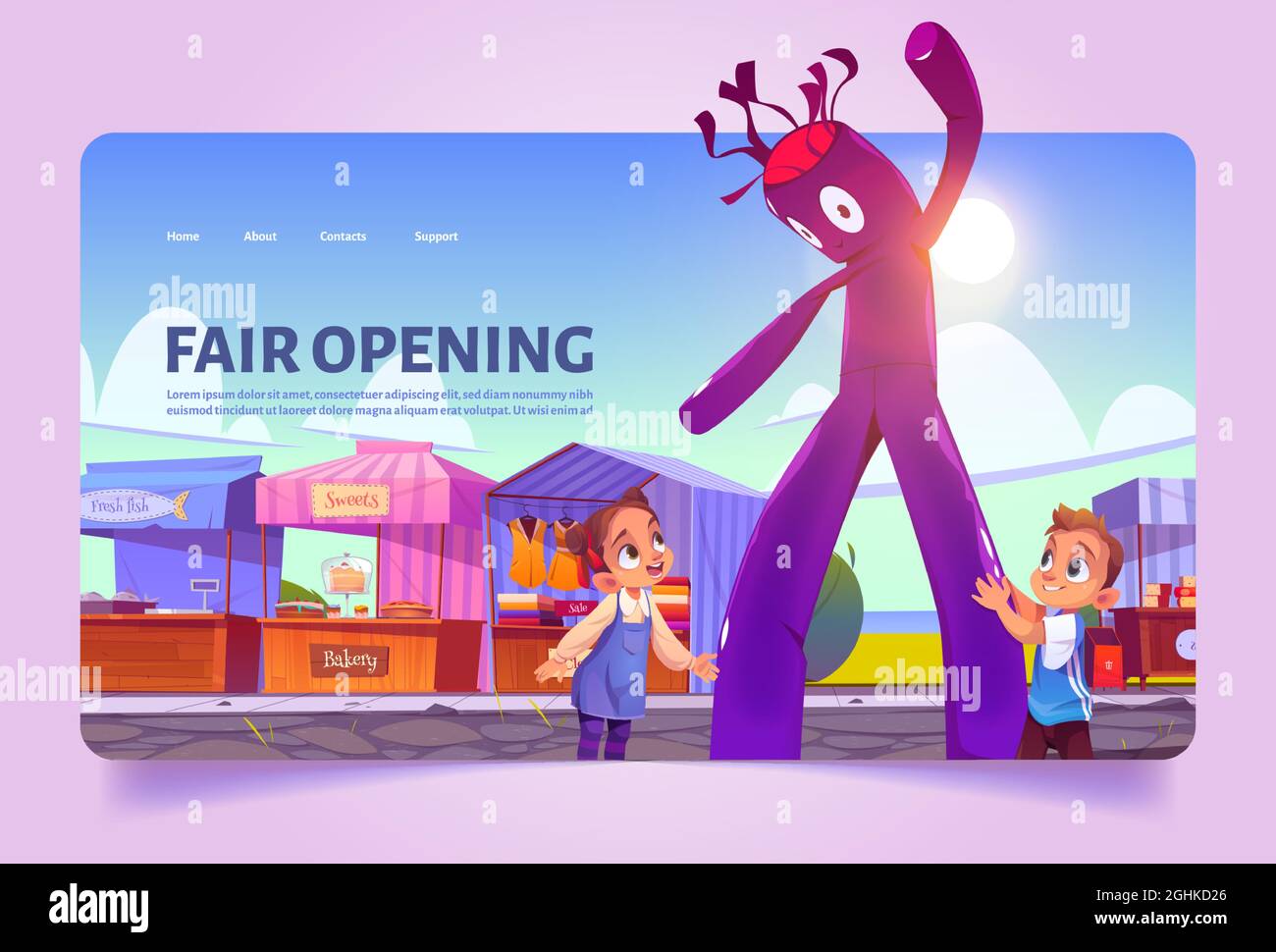 Cartoon-Landing-Page zur Eröffnung der Messe. Kinder auf dem Outdoor ...