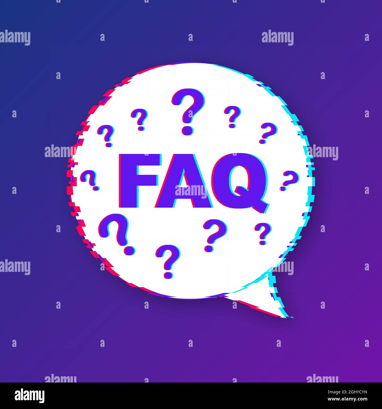 Häufig gestellte Fragen FAQ-Banner. Glitch-Symbol. Computer mit Fragesymbolen. Vektorgrafik ...