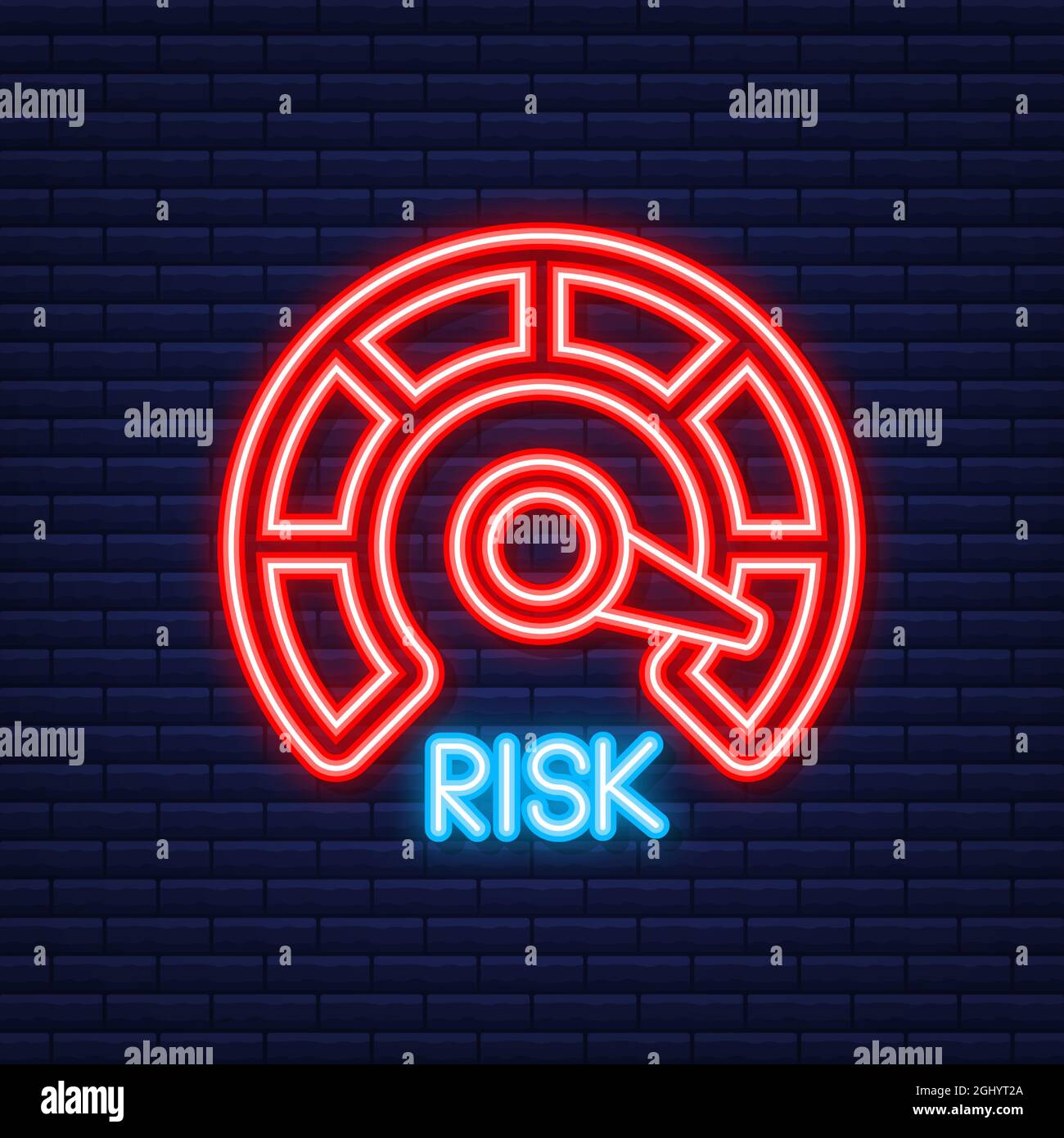 Risiko-Symbol auf dem Tachometer. Neonsymbol. Messgerät für hohes ...