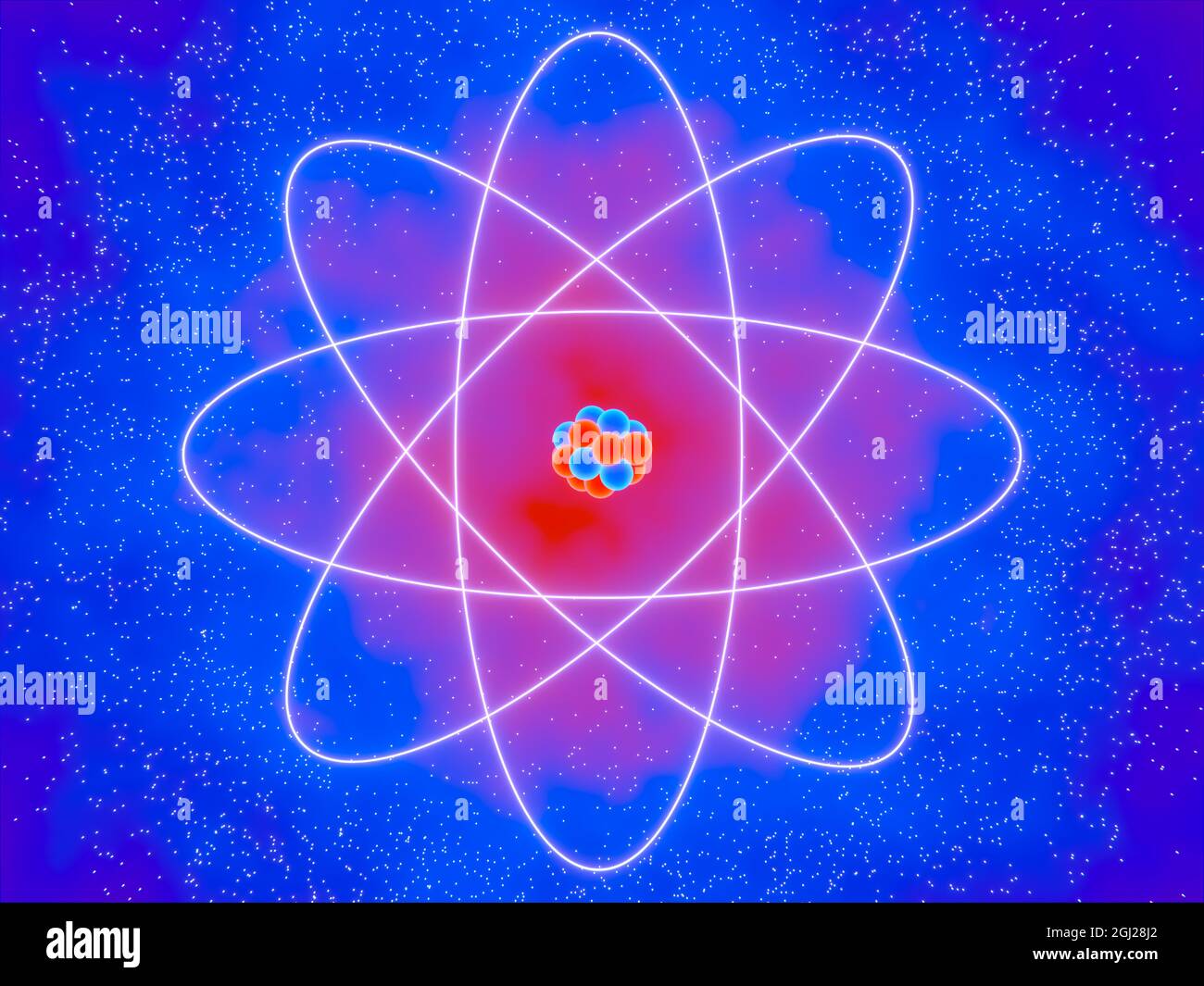Klassisches Atom-Symbol, mit Protonen, Neutronen und Elektronen ...