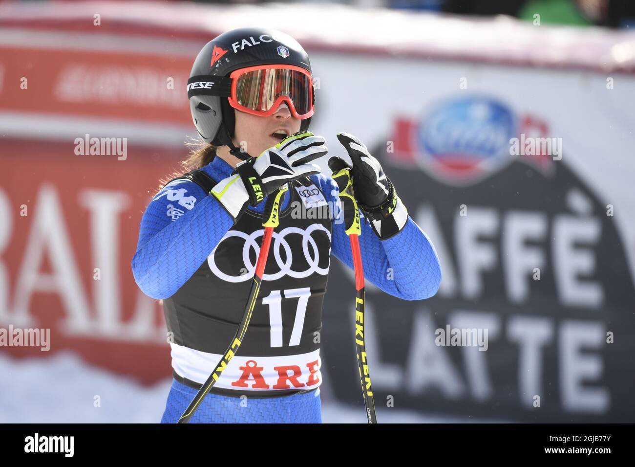 Sofia Goggia, Italien, reagiert nach dem Super G-Finalrennen der Frauen ...
