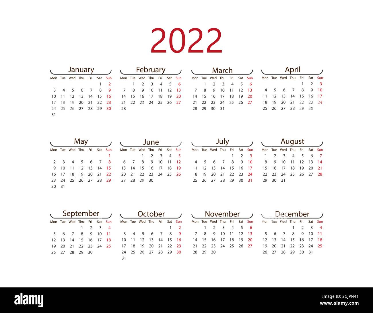 Vektorgrafik. 2022 Jahre, Kalenderwochen beginnen am Montag Stock ...